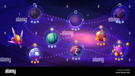 Space Game Level Map With Alien Planets Vector Cartoon Illustration Of Gaming Route With