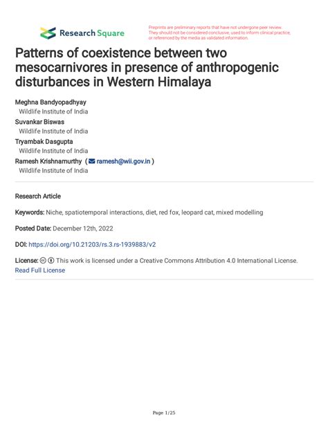 Pdf Patterns Of Coexistence Between Two Mesocarnivores In Presence Of Anthropogenic