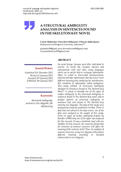 Pdf A Structural Ambiguity Analysis In Sentences Found In The Skeleton Key Novel