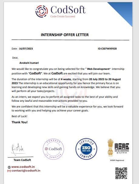 Anokshi Kukreja On Linkedin Codsoft Webdevelopment