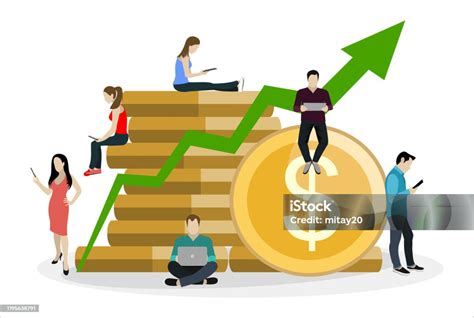 온라인 자금 조달 및 달러에 대한 투자를 만들기위해 노트북과 스마트 폰을 사용하는 젊은 이들의 달러 개념 벡터 그림 플랫 디자인 개념에 대한 스톡 벡터 아트 및 기타 이미지