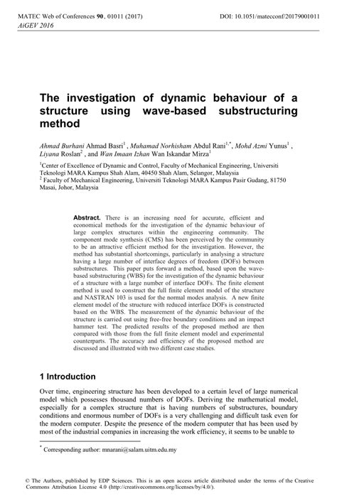 pdf the investigation of dynamic behaviour of a structure using wave