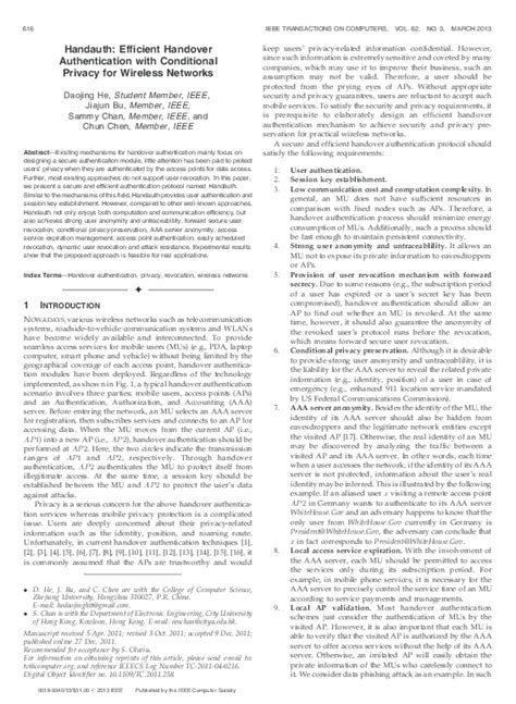 Pdf Handauth Efficient Handover Authentication With Conditional Privacy For Wireless Networks