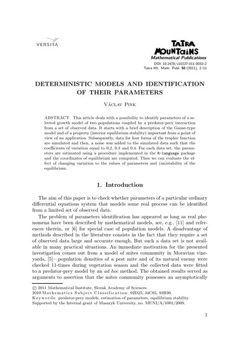 Pdf Deterministic Models And Identification Of Their Parameters