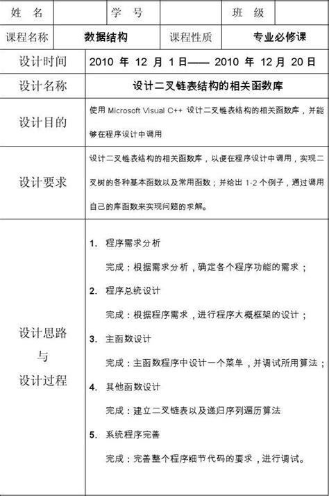 数据结构课程设计二叉连链表word文档在线阅读与下载无忧文档