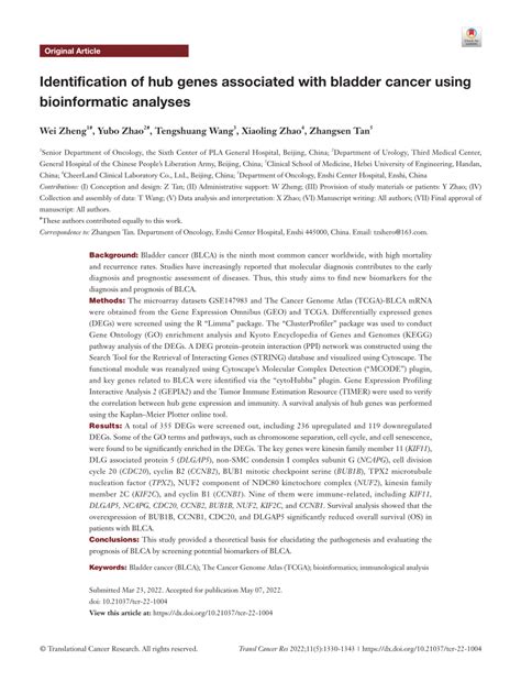 Pdf Identification Of Hub Genes Associated With Bladder Cancer Using Bioinformatic Analyses