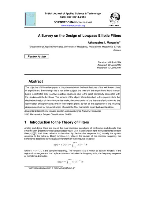 Pdf A Survey On The Design Of Low Pass Elliptic Filters