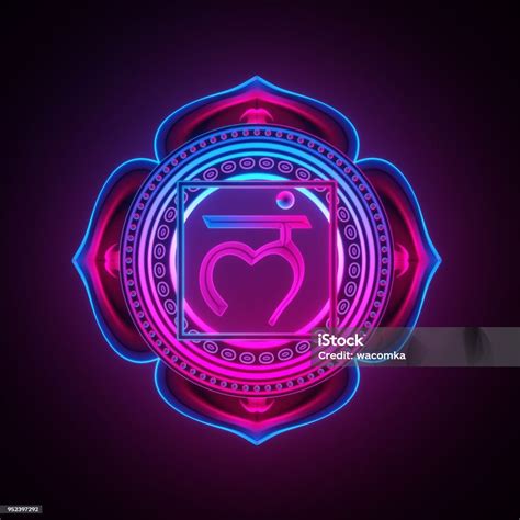 3d 렌더링 신성한 기하학 Muladhara 차크라 기호 네온 빛 추상 배경 영적 Chackra 기호 종교 가입 밀 교 만다라