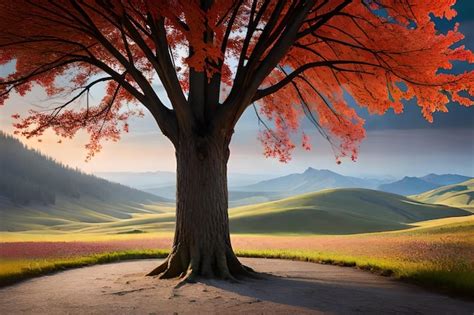 Premium Photo A Tree With A Red Leaf In The Middle Of A Landscape