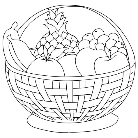 Фрукты в плетеной корзине — раскраска для детей Распечатать бесплатно