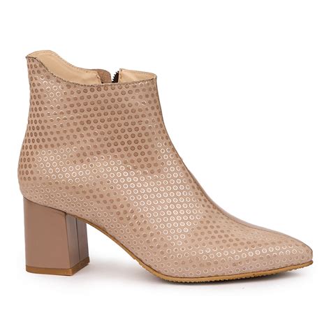 Botine Dama Din Piele Naturala Bej Cu Toc Gros 7 Cm 14312 Superlativero
