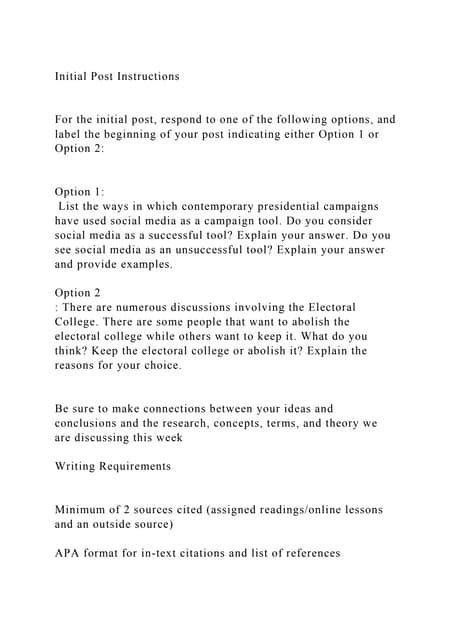 Initial Post Instructionsfor The Initial Post Respond To One Docx