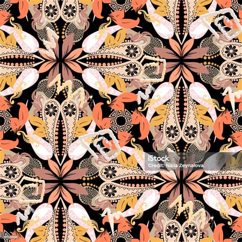 단가 화려한 그리스 벡터 원활한 패턴 민족 장식 기하학적 배경입니다 그런지 손으로 그린 그리스어 키 사행 지그재그 밝은 패턴 페이즐리 꽃 단풍 0명에 대한 스톡 벡터 아트