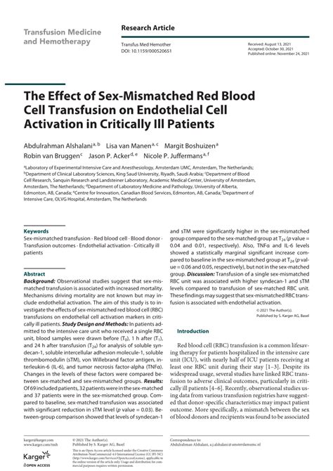 PDF The Effect Of Sex Mismatched Red Blood Cell Transfusion On Endothelial Cell Activation In