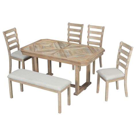 6 Piece Rubber Wood Dining Table Set With Beautiful Wood Grain Pattern