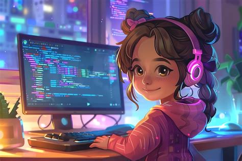 Happy Girl Coding At Night Illuminated By City Lights Premium Ai