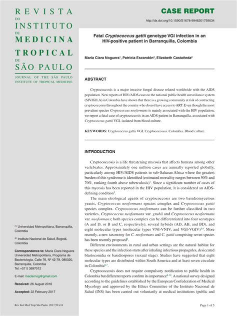 Pdf Fatal Cryptococcus Gattii Genotype Vgi Infection In An Hiv Positive Patient In
