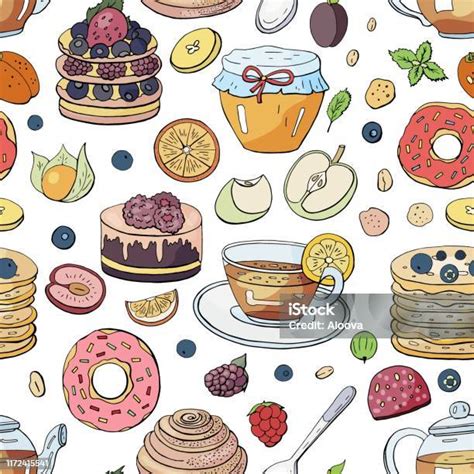 흰색 배경에 다른 아침 식사 요소와 심패턴 손으로 그린 벡터 아침 컬렉션 차 커피 케이크 딸기 뮤즐리 크루아상 마카롱 0명에