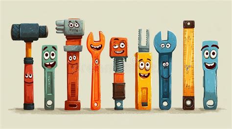 Funny Tool Icons With Faces Diy Cartoon Vector Pack Stock
