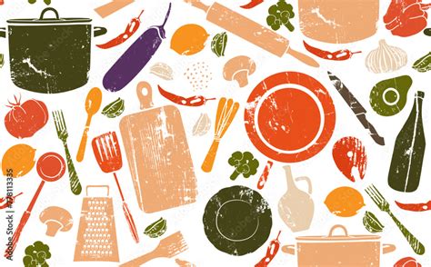 Seamless Pattern With Grunge Hand Drawn Healthy Food And Kitchen