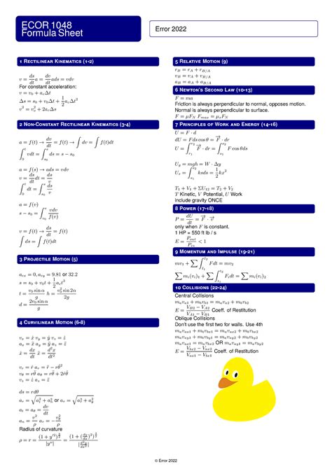 Dynamics Formula Sheet Ecor 1048 Formula Sheet Error 2022 1