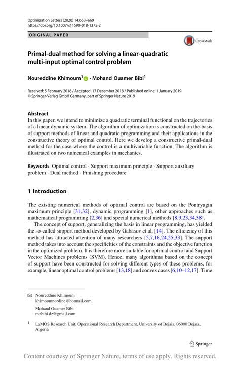 Primal Dual Method For Solving A Linear Quadratic Multi Input Optimal