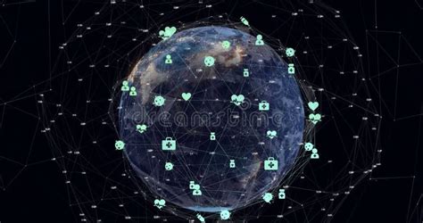Image Of Connected Icons And Dots Around Rotating Globe Over Black
