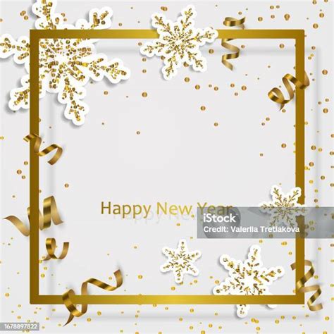 황금 리본 구불구불한 먼지 종이 눈송이 글자가 있는 금색 프레임은 새해 복 많이 받으세요 전단지 포스터 쇼핑 판매 마케팅 배너 웹을 디자인합니다 벡터 그림입니다 흰색
