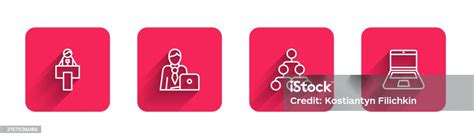 세트 라인 무대 스탠드 또는 트리뷴 사업가 계층 구조 조직 차트 및 긴 그림자가 있는 노트북 빨간색 사각형 버튼입니다 벡터 건축물에 대한 스톡 벡터 아트 및 기타 이미지