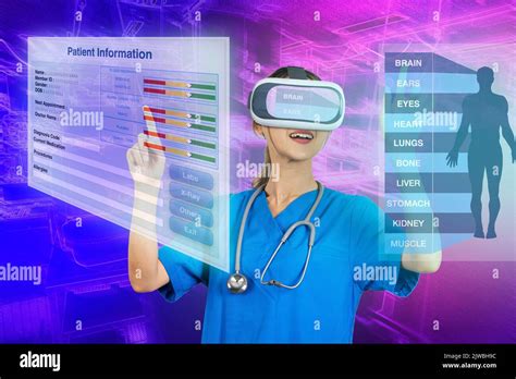 female doctor wearing 3d virtual reality glasses examining patient data