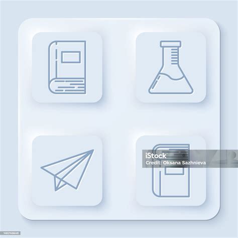 라인 책 시험관 및 플라스크 화학 실험실 종이 비행기 및 책을 설정하십시오 흰색 사각형 버튼입니다 벡터 건강 검진에 대한 스톡 벡터 아트 및 기타 이미지 Istock