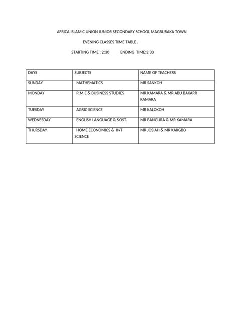 Evening Classes Time Table For Jss 3 Pdf