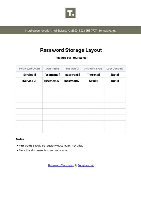 Free Password Storage Layout Template To Edit Online