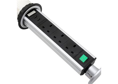 Silver Top Pop Up Socket With 2 USB Charging Port 3 Plug Sockets
