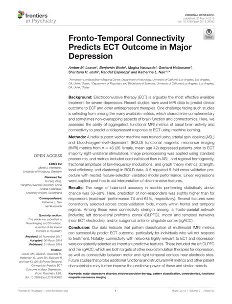 Pdf Fronto Temporal Connectivity Predicts Ect Outcome In Major Depression