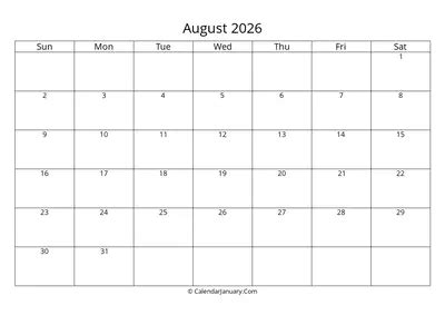 Calendar August 2026 Free Printable Editable Excel Word Pdf