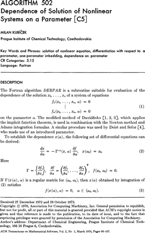 algorithm 502 dependence of solution of nonlinear systems on a parameter [c5] acm
