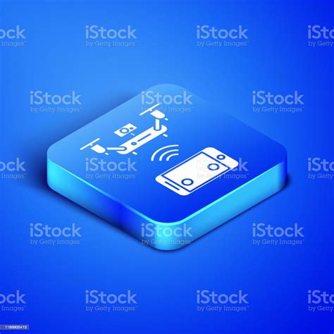 파란색 배경에 격리 된 사진 또는 비디오 녹화 아이콘을 찍는 카메라가있는 아이소메트릭 원격 공중 무인 항공기 파란색 사각형 버튼입니다 벡터 일러스트레이션