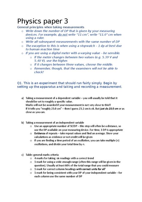 Physics Paper 3 Guidance 💜 Physics Paper 3 General Principles When Taking Measurements O Write