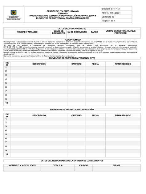 Formato De Entrega De Epp Y Epcc Pdf