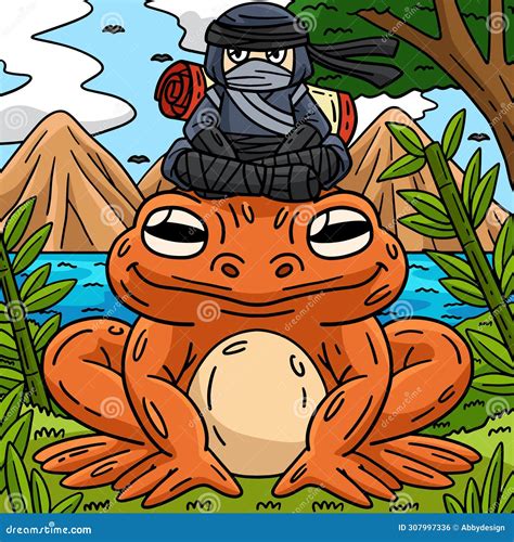 Ninja On A Huge Frog Coloring Page Colored Vector Illustration