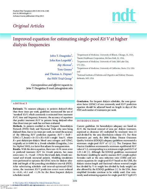 Pdf Improved Equation For Estimating Single Pool Kt V At Higher Dialysis Frequencies