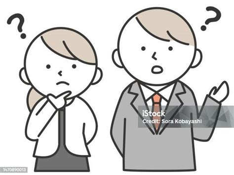 머리에 물음표가 있는 곤란한 표정으로 정장을 입은 두 명의 젊은 남녀 감정 시리즈에 대한 스톡 벡터 아트 및 기타 이미지 감정 시리즈 걱정하는 검사 보기 Istock