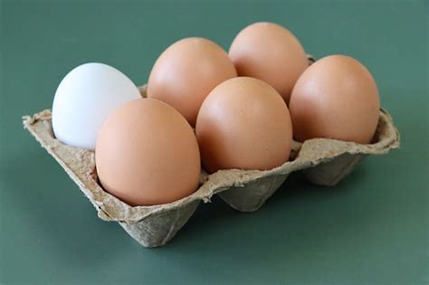 12개의 계란이 들어 있는 열린 갈색 판지 상자 닭고기 달걀 6개 배치 갈색 계란 5개로 둘러싸인 흰색 계란 1개 혼합 색상의 계란 흰색과 갈색 껍질 이상한 개념 녹색 배경