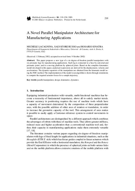 Pdf A Novel Parallel Manipulator Architecture For Manufacturing
