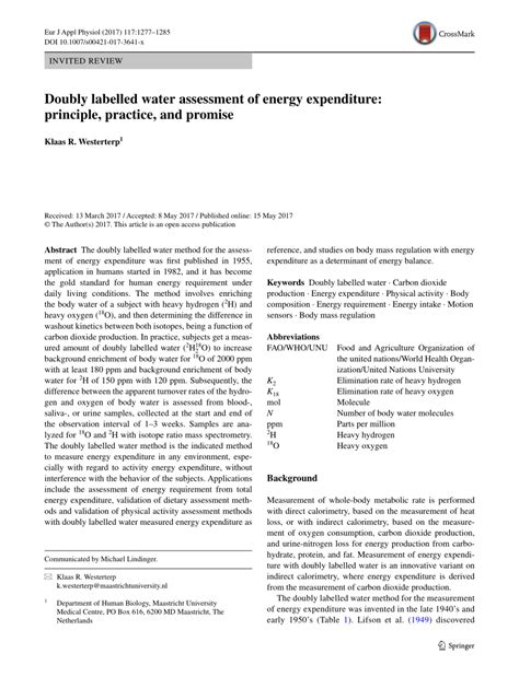 Pdf Doubly Labelled Water Assessment Of Energy Expenditure Principle Practice And Promise