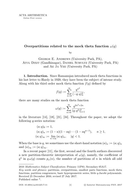 Pdf Overpartitions Related To The Mock Theta Function Omegaq