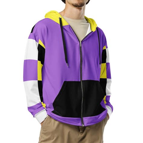 Nonbinary Checkered Color Block Full Zip Up Hoodie Trendy Non Binary