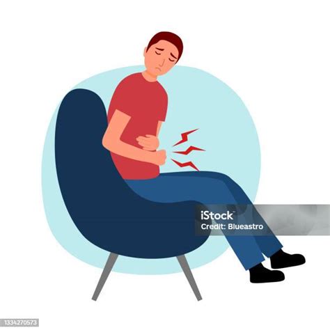 남자는 앉아 흰색 배경에 위 개념 벡터 그림에 통증을 느낀다 설사 또는 변비 복부 질병과 질병 변비에 대한 스톡 벡터 아트 및