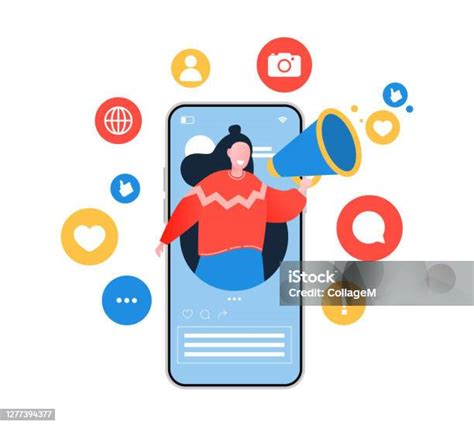 소셜 미디어 영향력자 메가폰을 들고 있는 여자와 함께 일러스트레이션 다른 소셜 미디어 아이콘 사회 문제에 대한 스톡 벡터 아트 및 기타 이미지 Istock